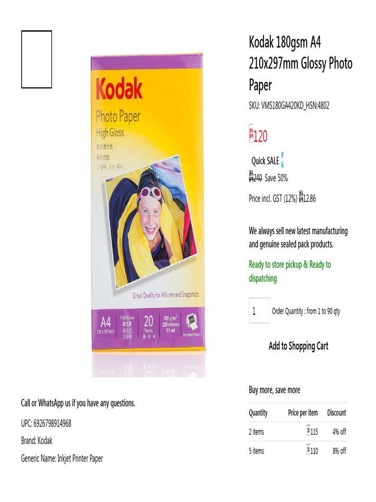 Kodak 180gsm A4 210x297mm Glossy Photo Paper - Rs | PDF | Printer (Computing) | Paper