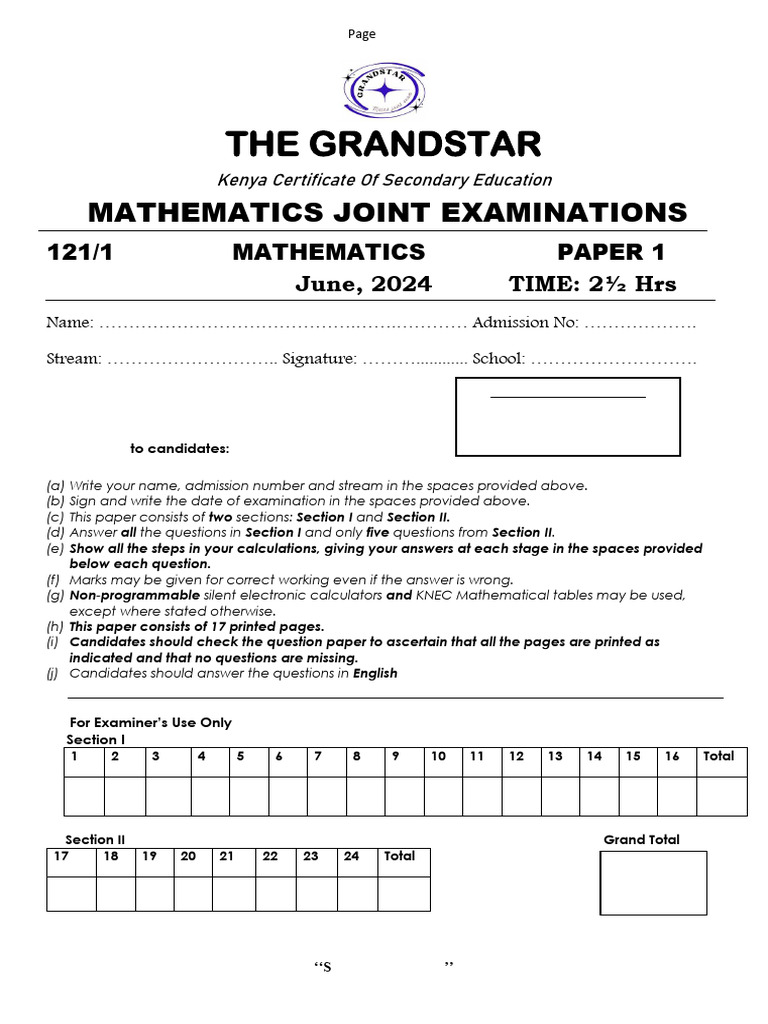 Grandstar Mathematics Joint Exam 2024 | PDF | Circle | Mathematics