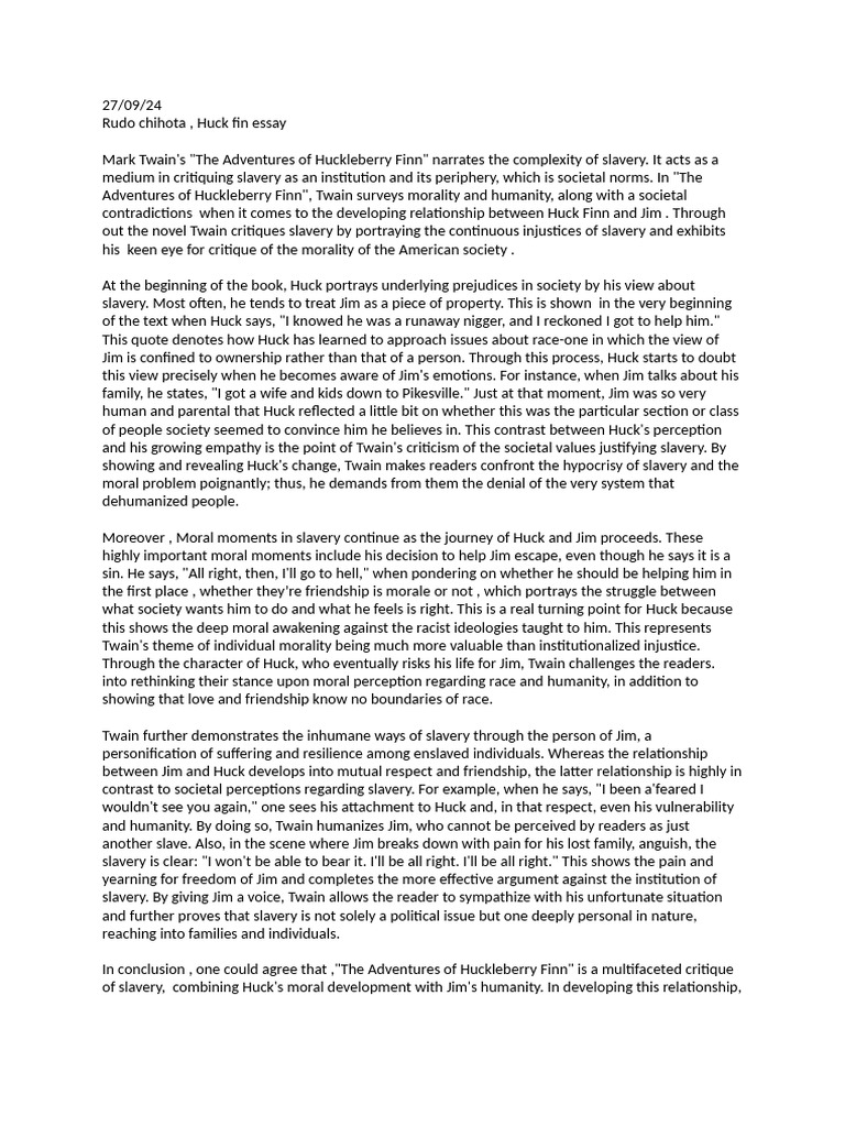 huck essay | PDF | Huckleberry Finn | Adventures Of Huckleberry Finn