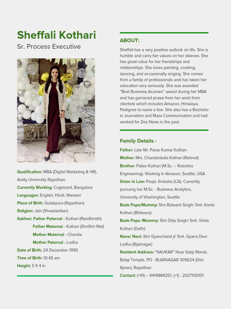 BioData - Sheffali Kothari | PDF