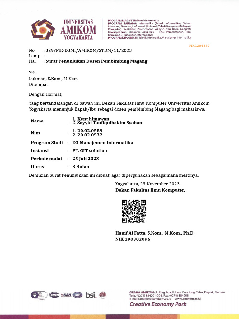 Surat Penunjukan Dosen Pembimbing Magang 329 FIK-D3MI AMIKOM STDM 11 2023 | PDF