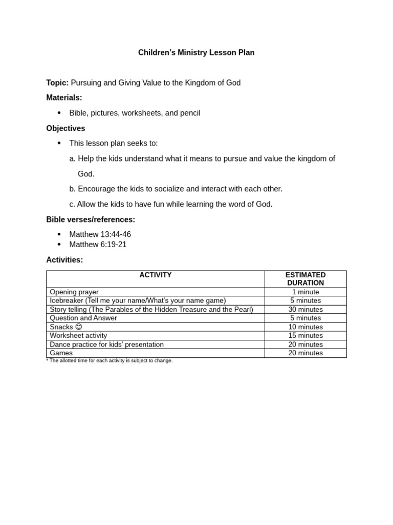 Kingdom of God Lesson Plan for Kids | PDF