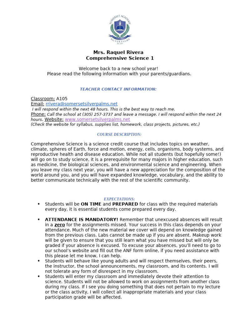 Comprehensive Science 1 Syllabus 2024 - 2025 | PDF | Science | Science ...