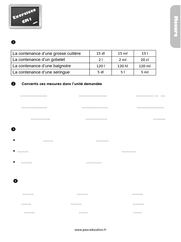 Exercices Mesures de Contenances Au Cm1 | PDF