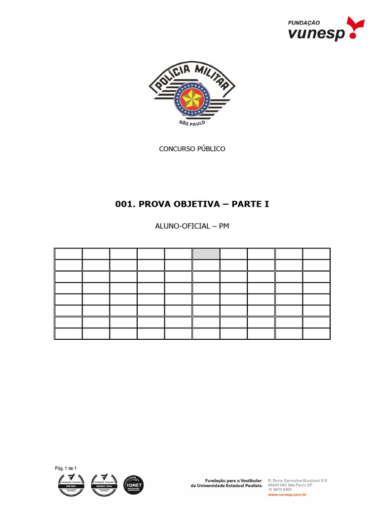 Vunesp 2023 PM SP Aluno Oficial Gabarito | PDF
