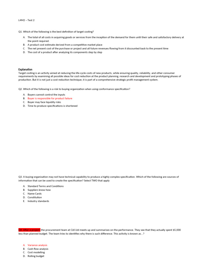 CIPS L4M2 - Sequential Questions - Video 2 - Test 2 | PDF | Procurement ...