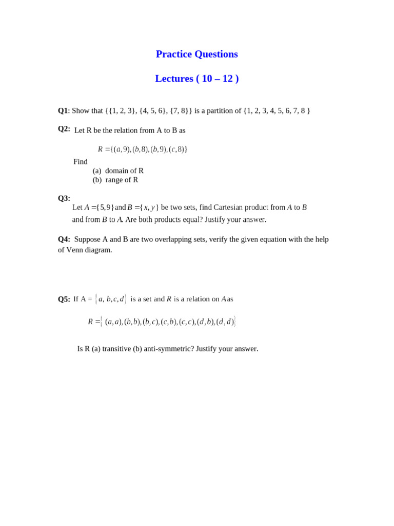 Set Theory Practice Questions | PDF | Teaching Methods & Materials