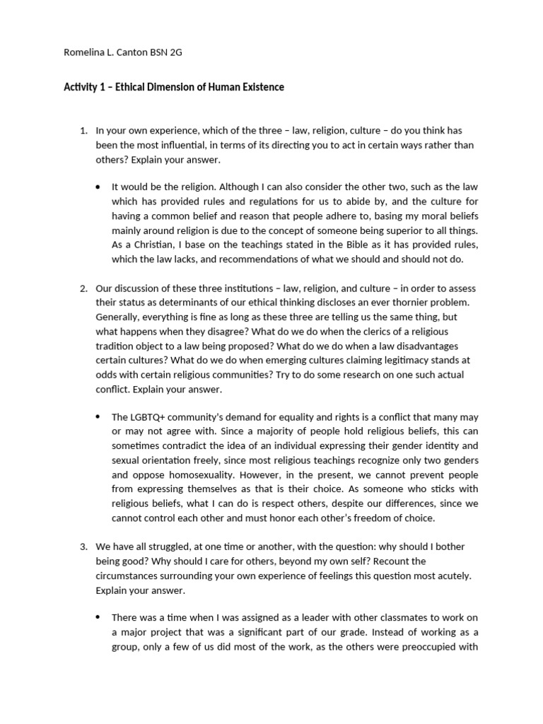 Activity 2 Ethical Dimension of Human Existence | PDF | Existence ...