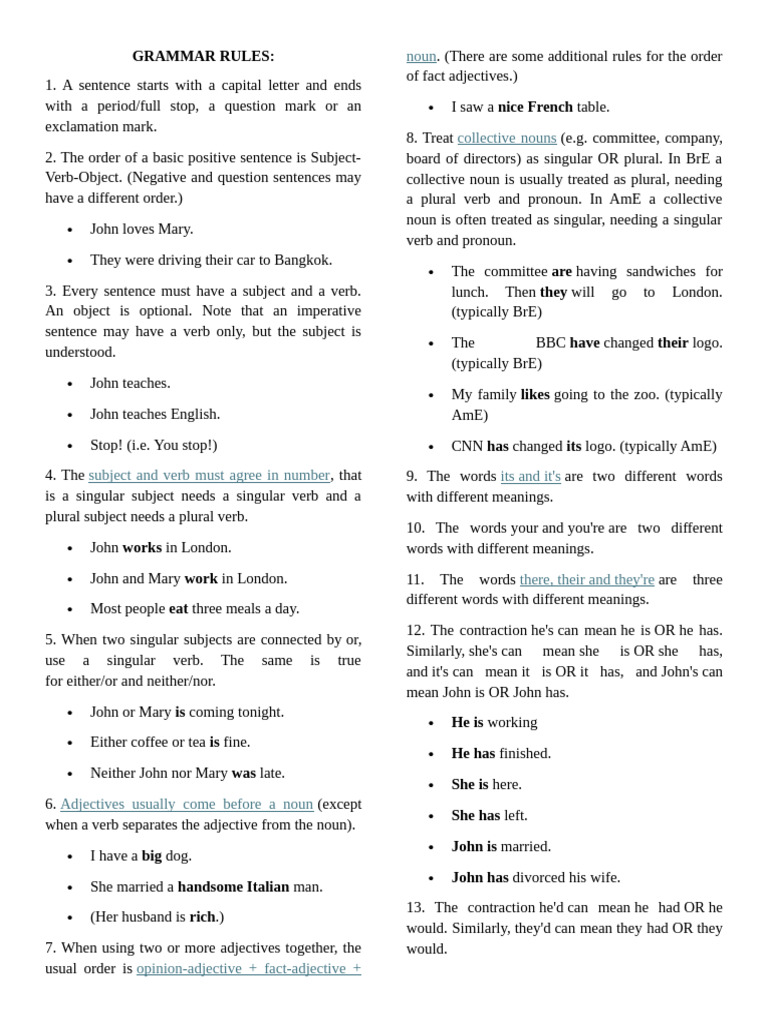 GRAMMAR RULES | PDF | Pronoun | Verb