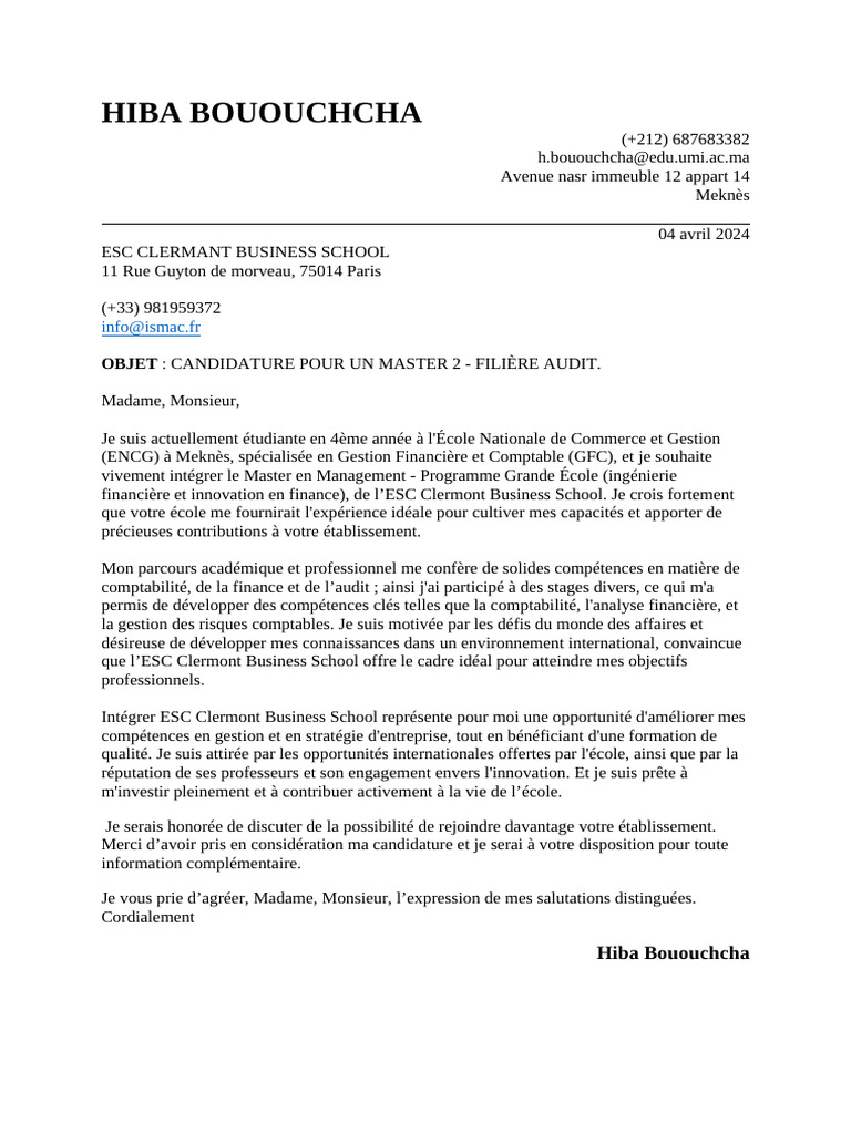 Candidature Master 2 Audit Hiba Bououchcha | PDF | Audit | Économie d ...
