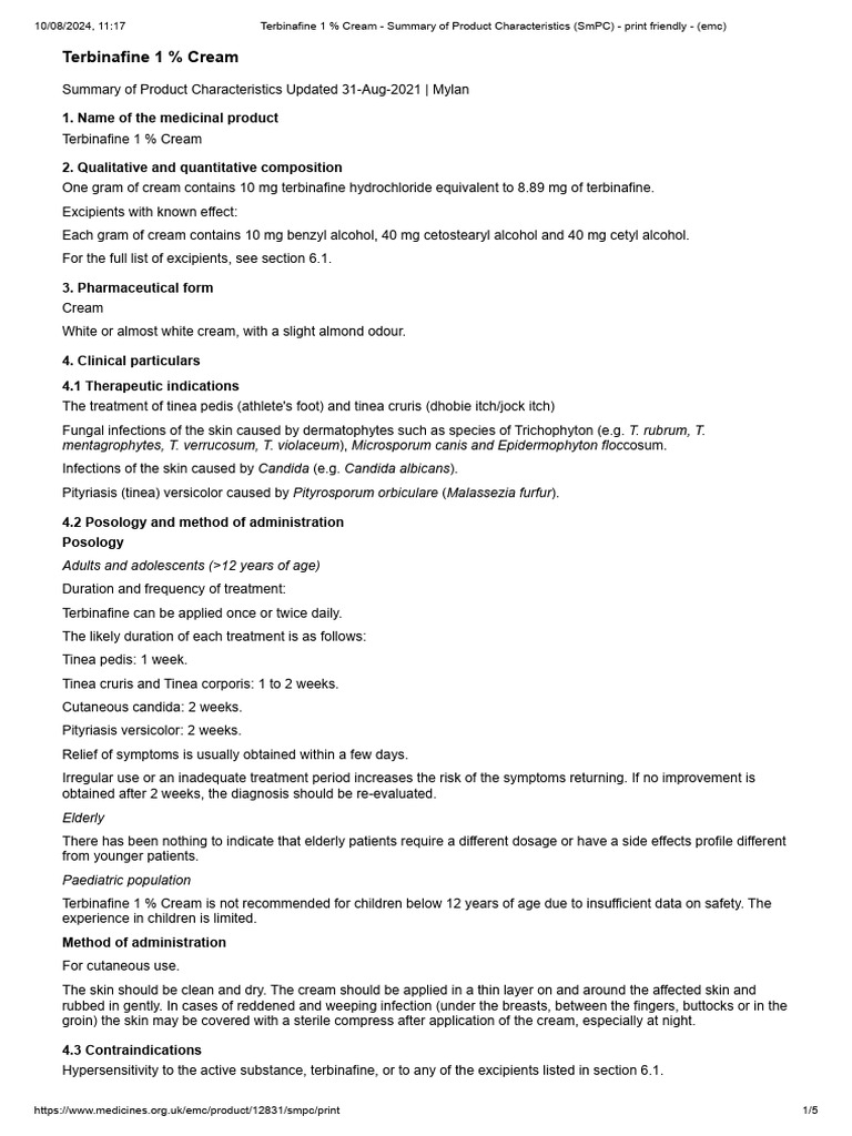 Terbinafine 1 % Cream - Summary of Product Characteristics (SMPC ...