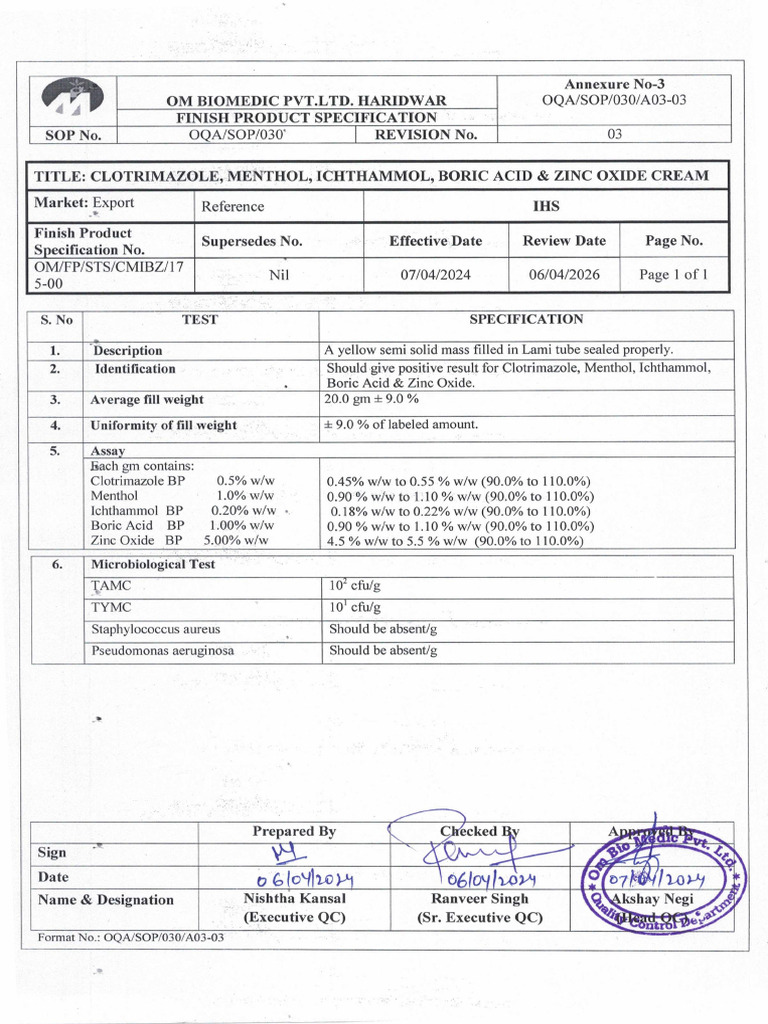 Export Cream Specification Guide | PDF | Colony Forming Unit | Titration