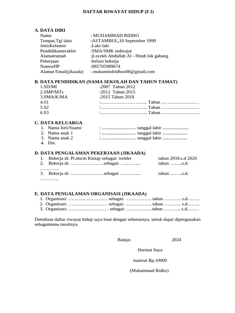 CV Muhammad Ridho | PDF | Karier & Perkembangan