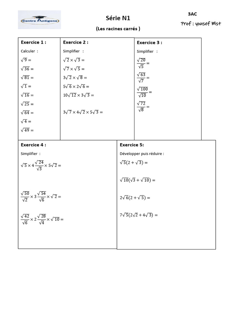 Exercices de racines carrées en mathématiques | PDF
