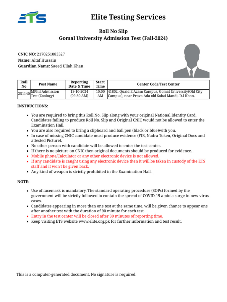 Roll No Slip of Altaf Hussain | PDF