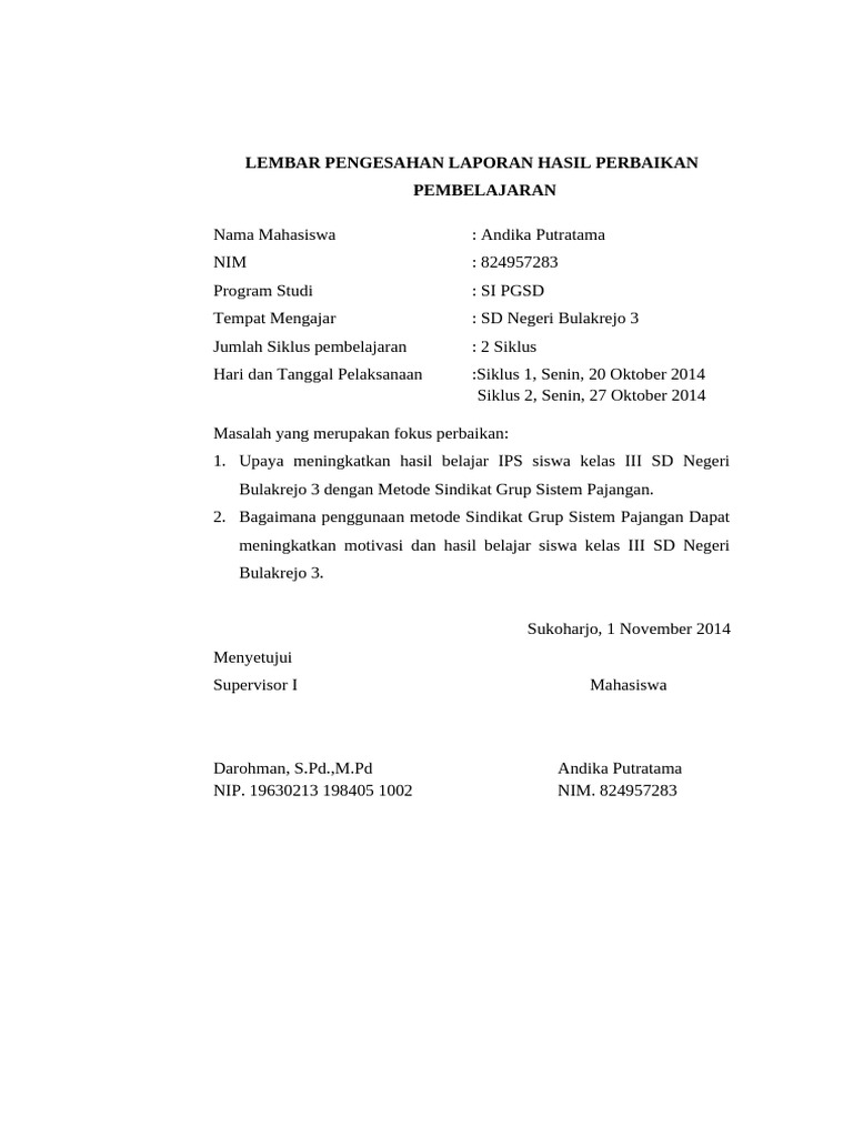 Lembar Pengesahan Laporan Hasil Perbaikan Pembelajaran | PDF