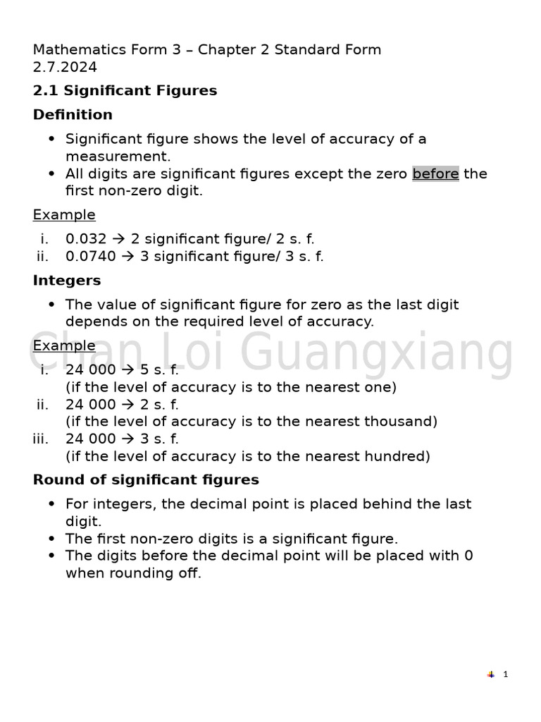 Mathematics Form 3 - Chapter 2 Standard Form | PDF | Significant ...