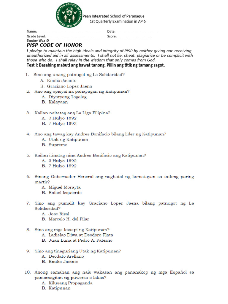 1st Quarterly Exam in AP 6 2024 | PDF