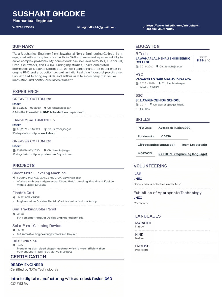 Sushant Ghodke Resume | PDF | Engineering