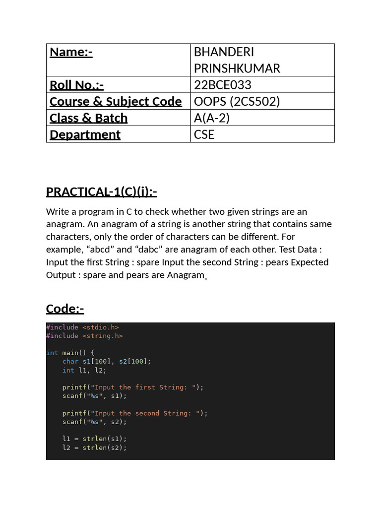22BCE033_PRAC-1 OOPS | PDF | Computer Engineering | Computer Science