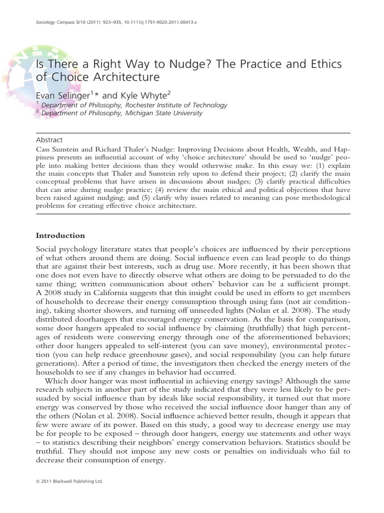 Ethics of Nudging and Choice Architecture | PDF | Psychological ...