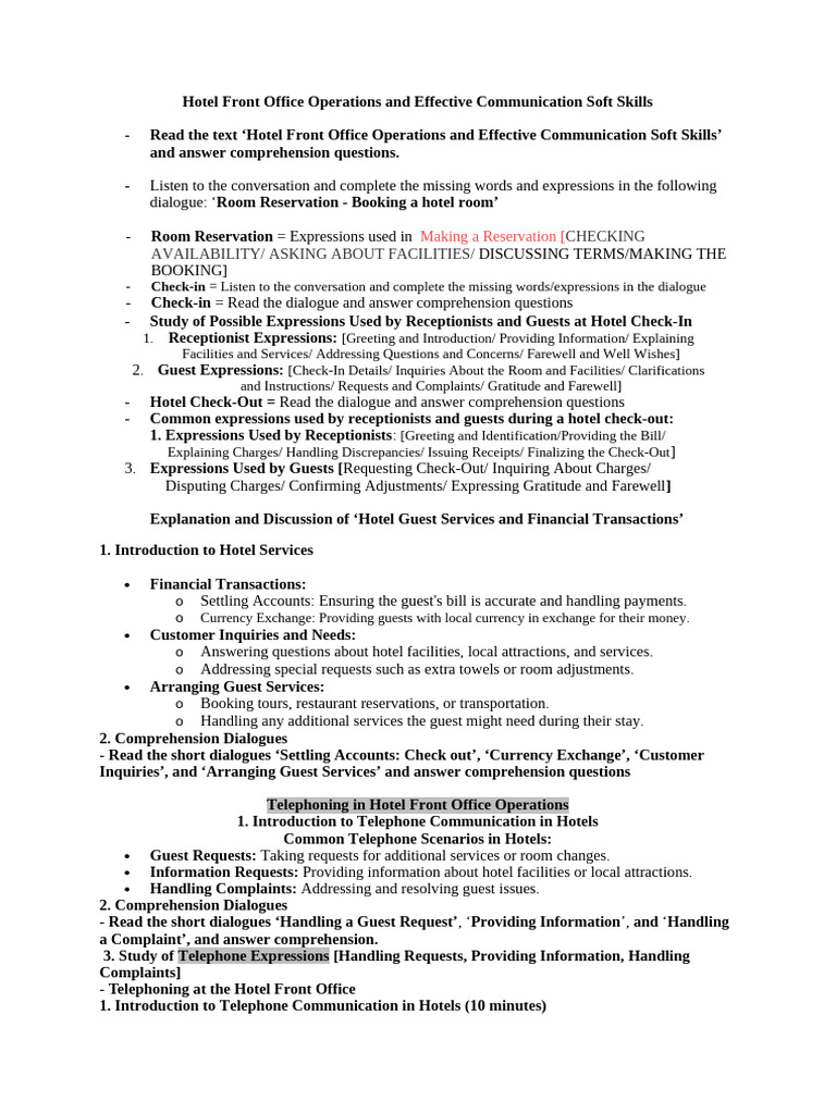 Hotel Front Office Operations Guide | PDF | Finance & Money Management