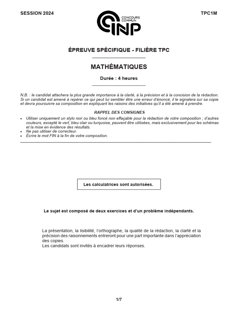 Épreuve spécifique TPC 2024 | PDF | Matrice (Mathématiques) | Valeur ...