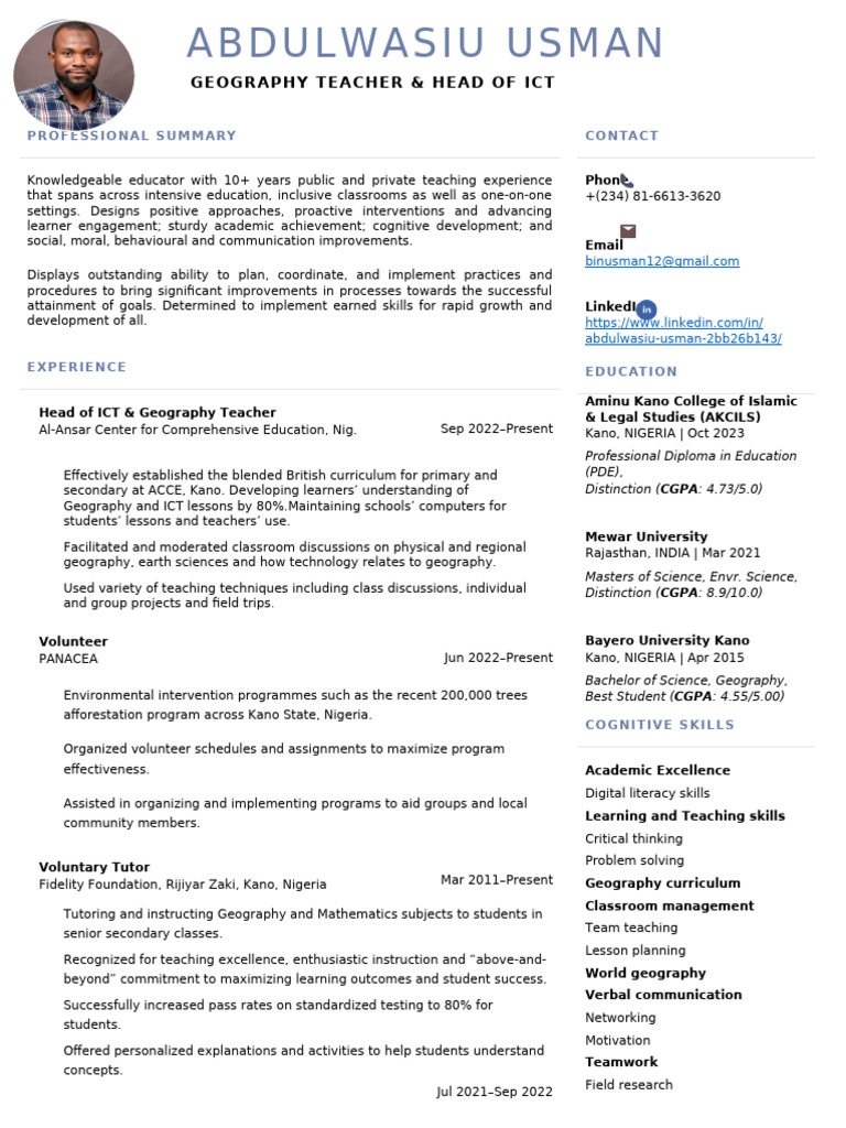 Resume For Abdulwasiu Usman | PDF | Teachers | Curriculum