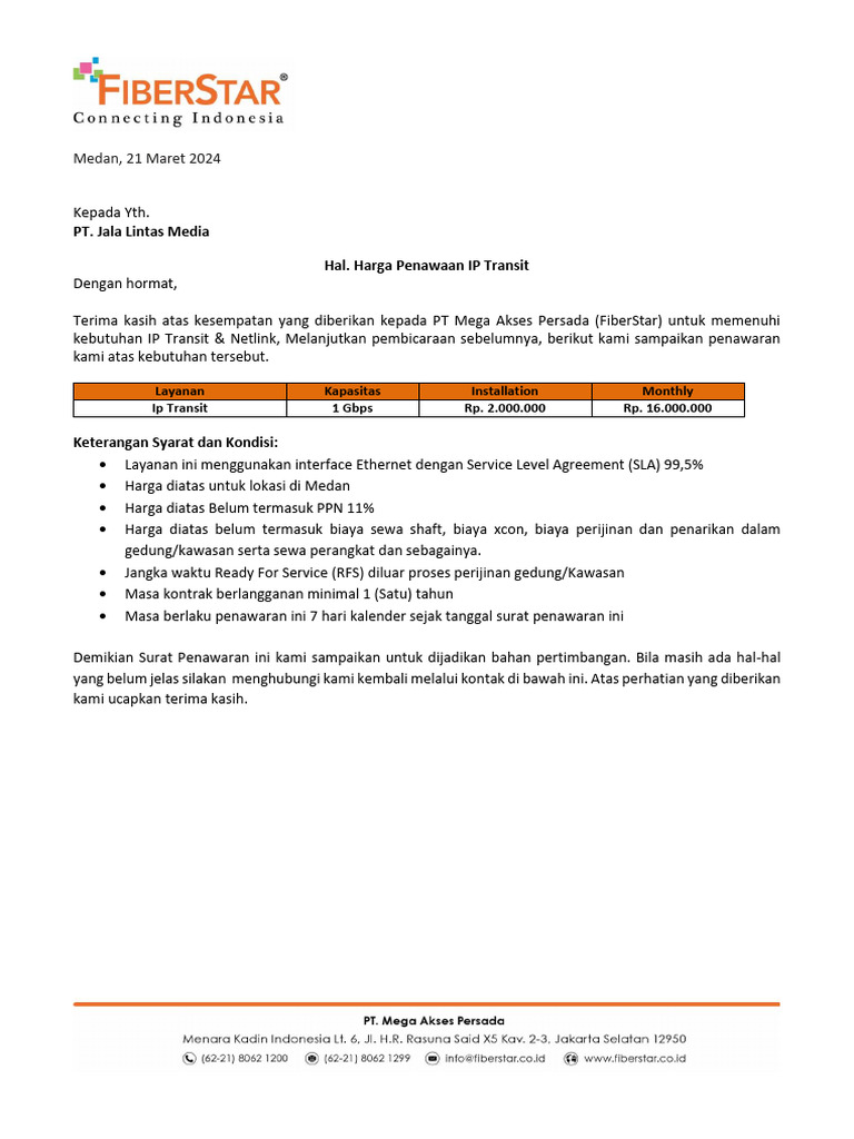 Penawaran Harga IP Transit FiberStar Medan | PDF