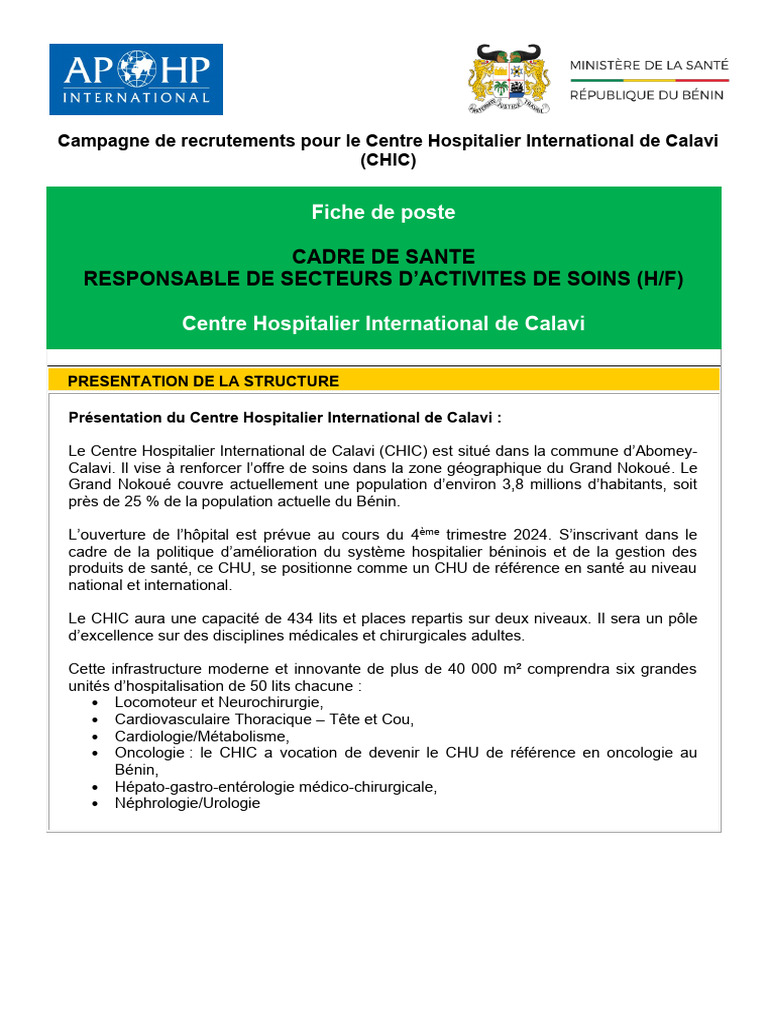 Recrutement Cadre de Santé au CHIC Calavi | PDF | Professionnel de la ...