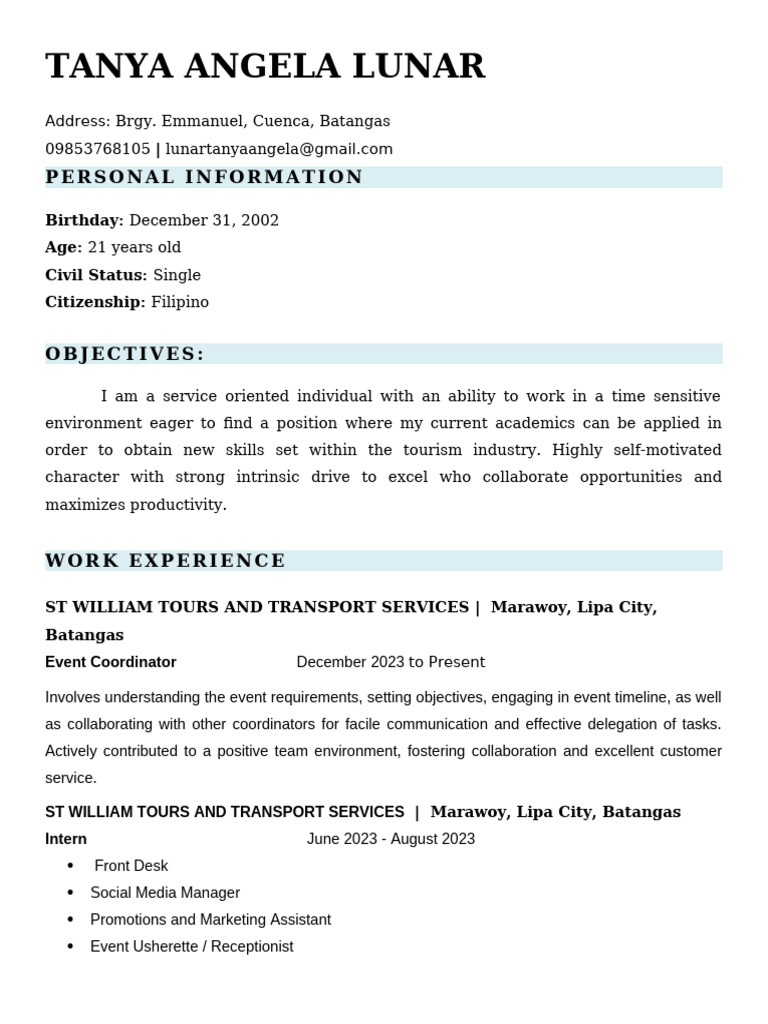 Tanya Angela Lunar - CV I | PDF | Cognition