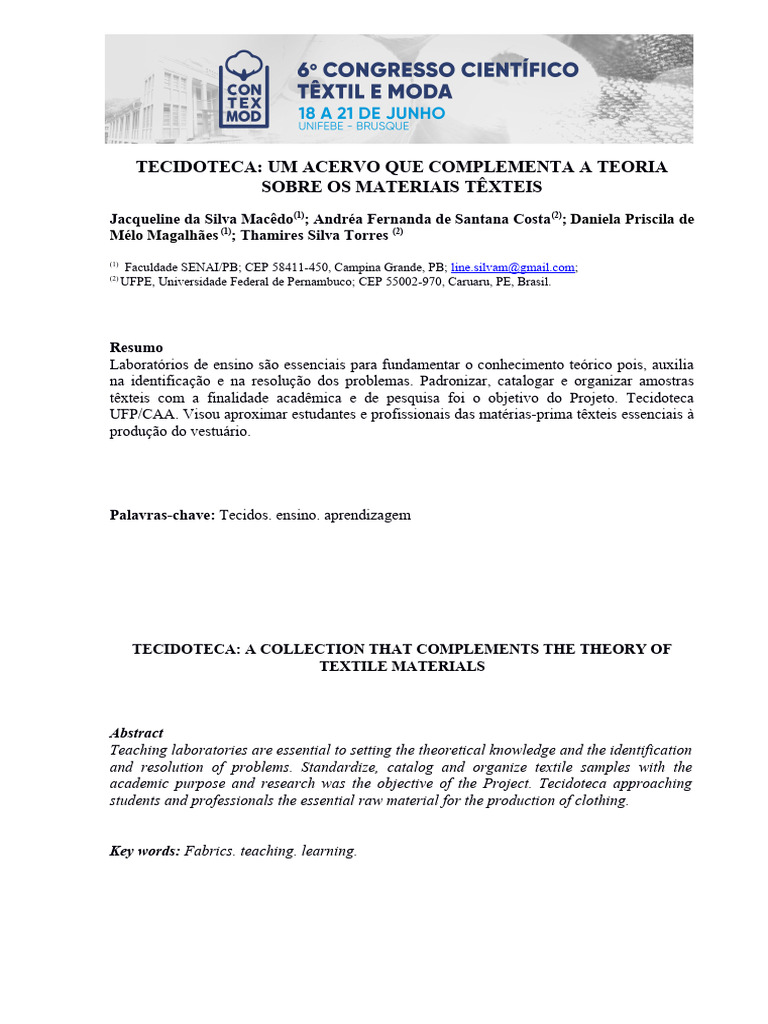 TECIDOTECA UM ACERVO QUE COMPLEMENTA A TEORIA | PDF | Fiação (têxtil ...