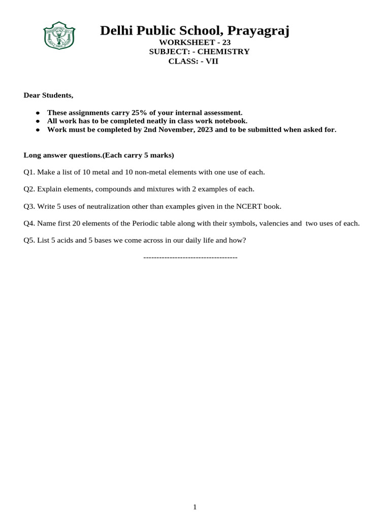 Delhi Public School, Prayagraj: Worksheet - 23 Subject: - Chemistry Class: - Vii | PDF