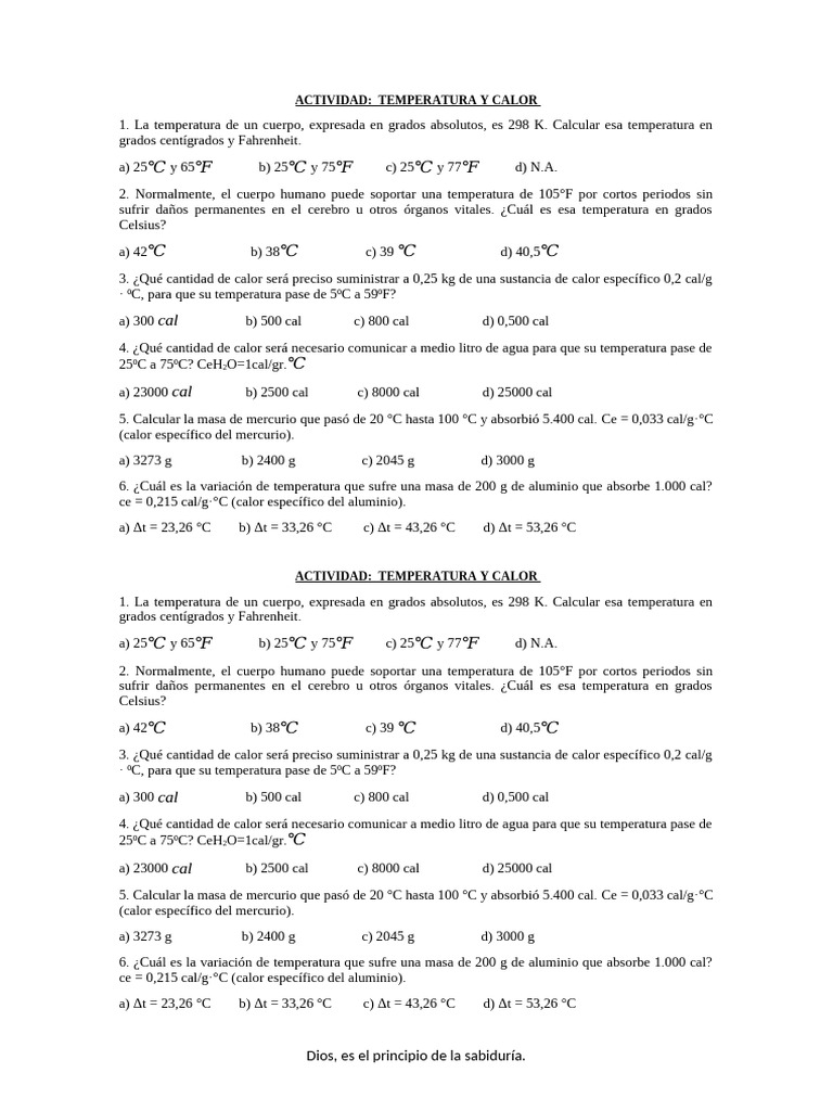 ACTIVIDAD Calor y Temperatura | PDF | Celsius | Fahrenheit