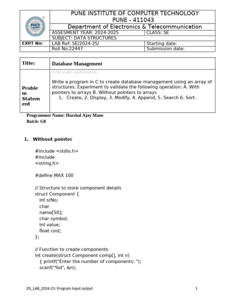 C Program for Database Management Lab | PDF | Pointer (Computer Programming) | Computer Programming