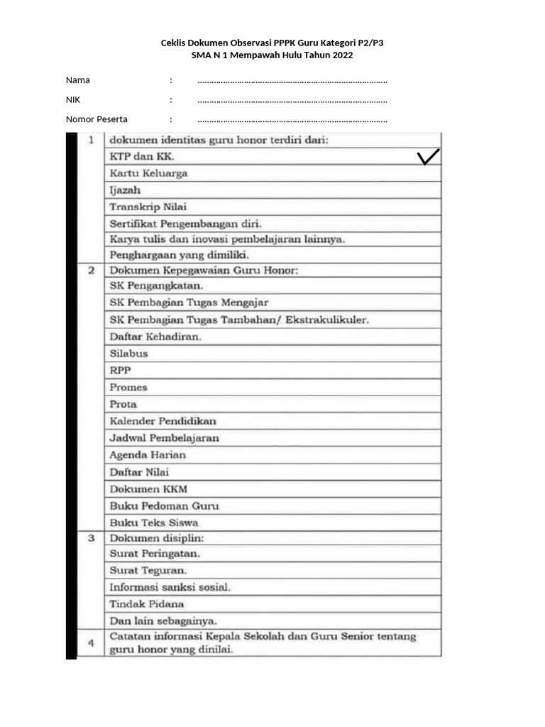 Ceklis Dokumen Observasi PPPK Guru Kategori P2 | PDF
