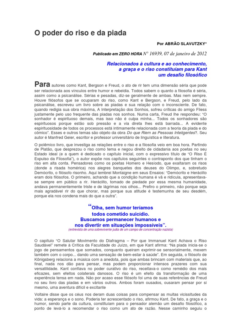 O Poder Do Riso e Da Piada, Por Abrão Slavutzky | PDF | Piadas | Sigmund Freud