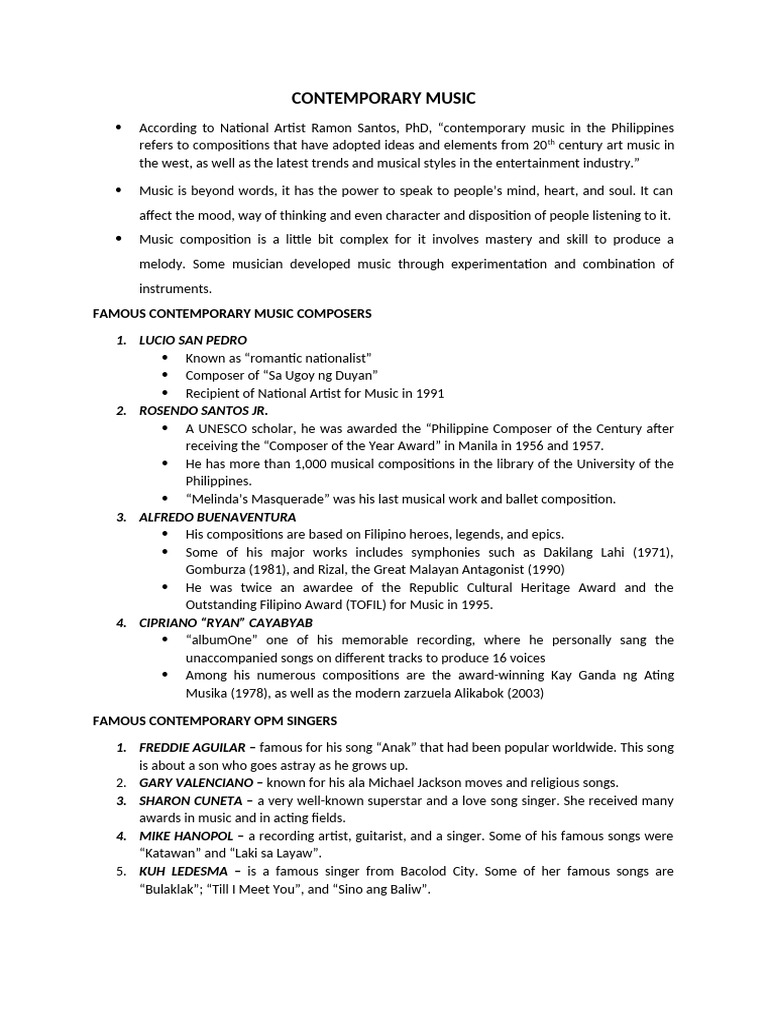 Handouts Contemporary Music | PDF | Entertainment | Performing Arts
