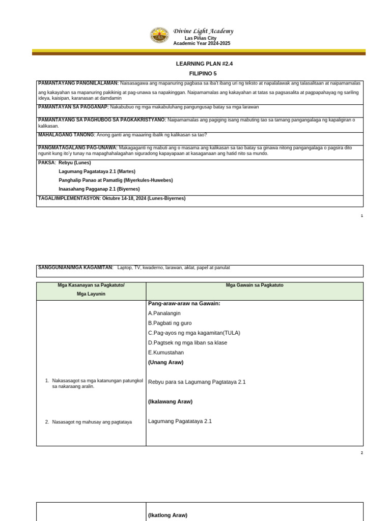 Learning Plan - 2.4 Panghalip | PDF