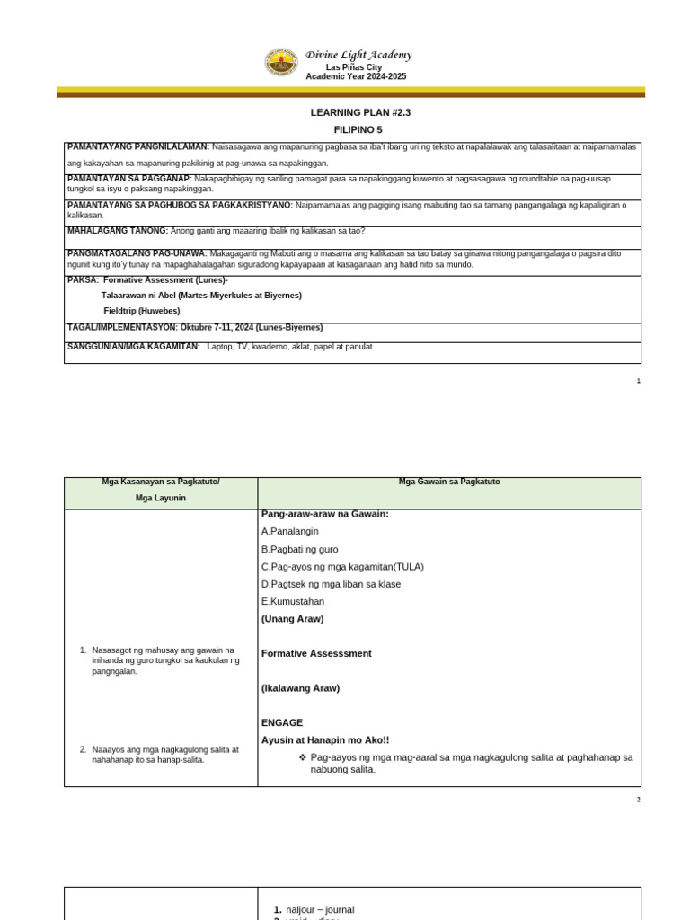 Learning Plan - 2.3 Talaarawan Ni Abel | PDF