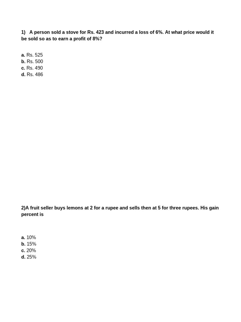 Profit and Loss Calculation Quiz | PDF