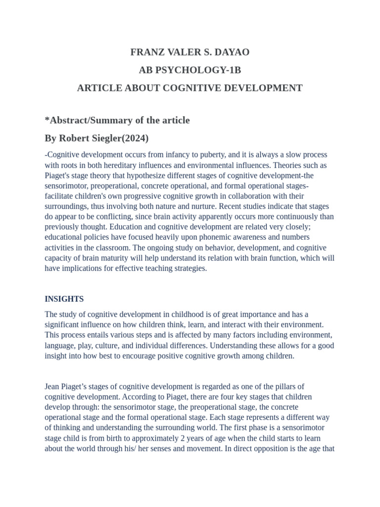 Dev Psychology | PDF | Cognitive Development | Cognition