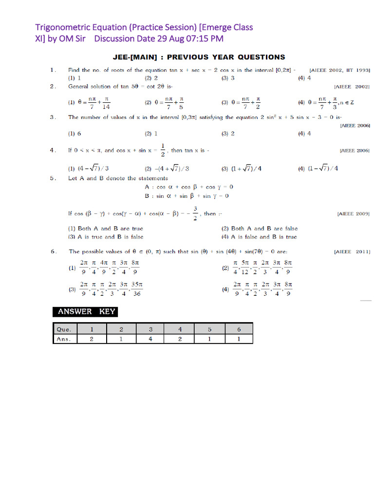JEE PYQs Trigonometric Equation by Om Sir | PDF
