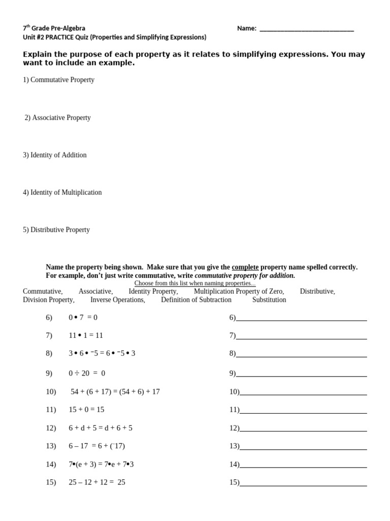 7th Grade Pre-Algebra Quiz on Properties | PDF | Multiplication ...