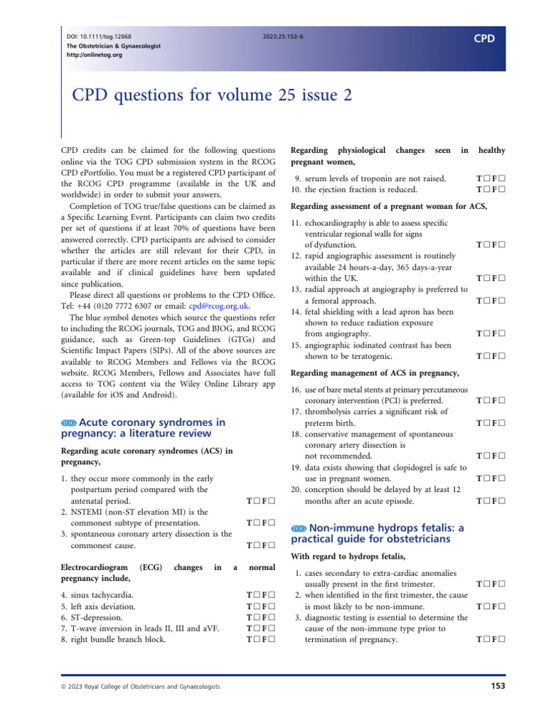 CPD questions for volume 25 issue 2 | PDF | Pregnancy | Clinical Medicine