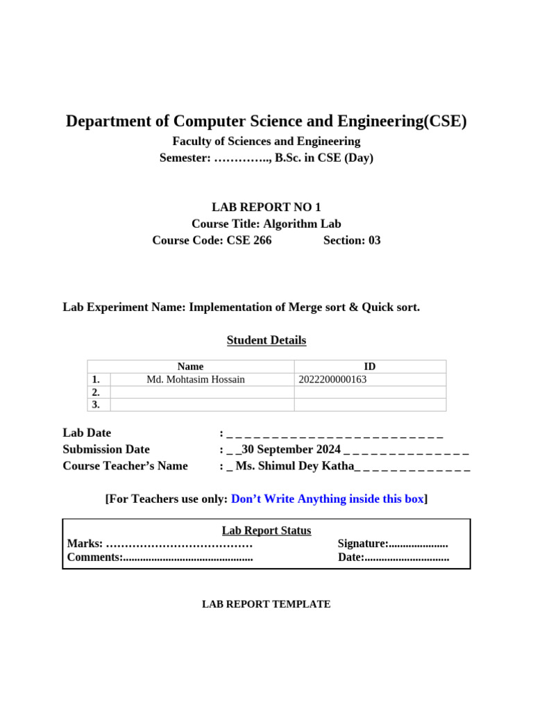 CSE Lab Report Template: Merge & Quick Sort | PDF | Algorithms ...