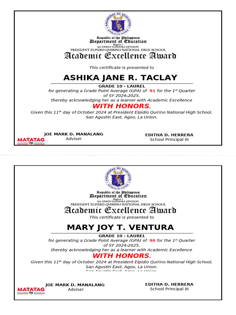 Academic Excellence Award Male | PDF