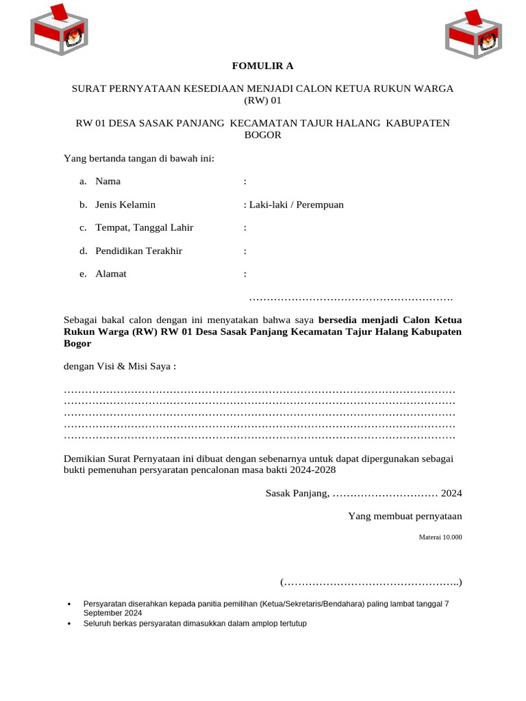 Formulir Pendaftaran Ketua RT | PDF | Olahraga & Rekreasi | Hukum