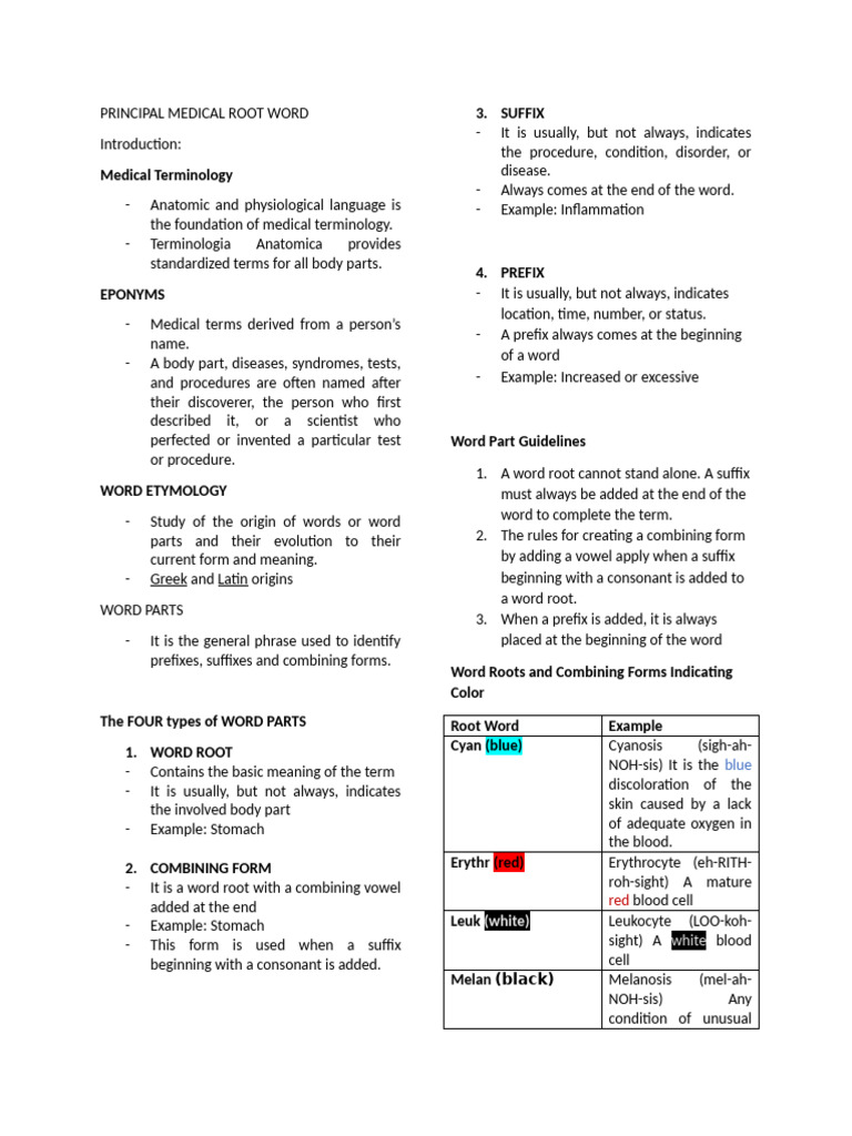 Principal Medical Root Word | PDF | Medical Specialties | Linguistics