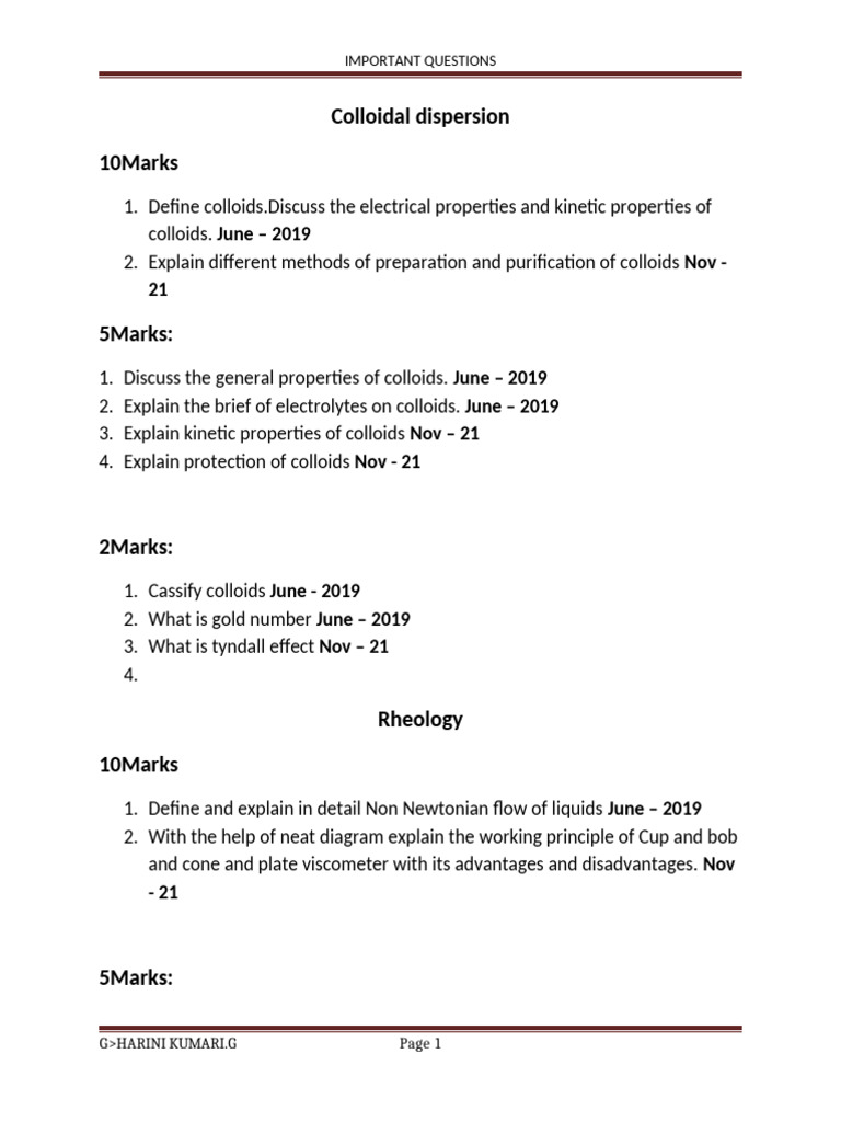 4th sem PP important questions | PDF | Colloid | Emulsion